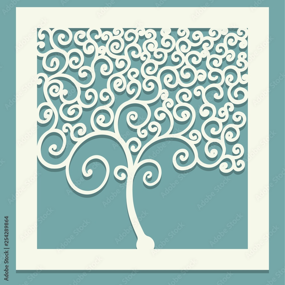 Square tree with curls. Decorative panel for cutting paper cards ...