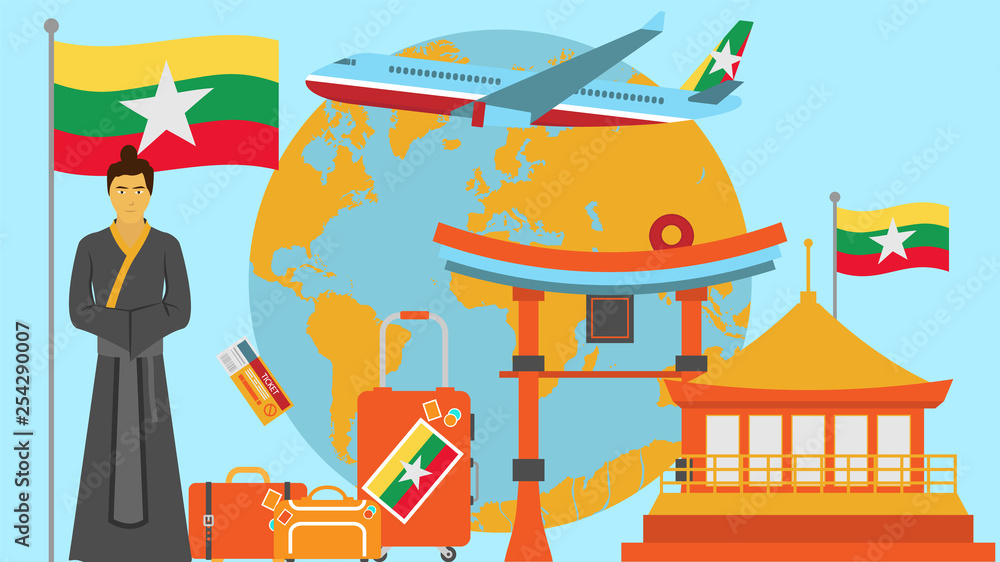 Welcome to Myanmar postcard. Travel and safari concept of Asia world ...