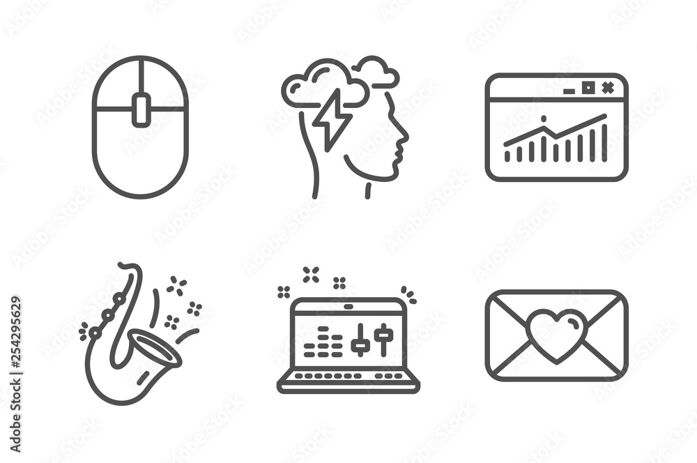 Website statistics, Mindfulness stress and Jazz icons simple set. Computer mouse, Sound check ...