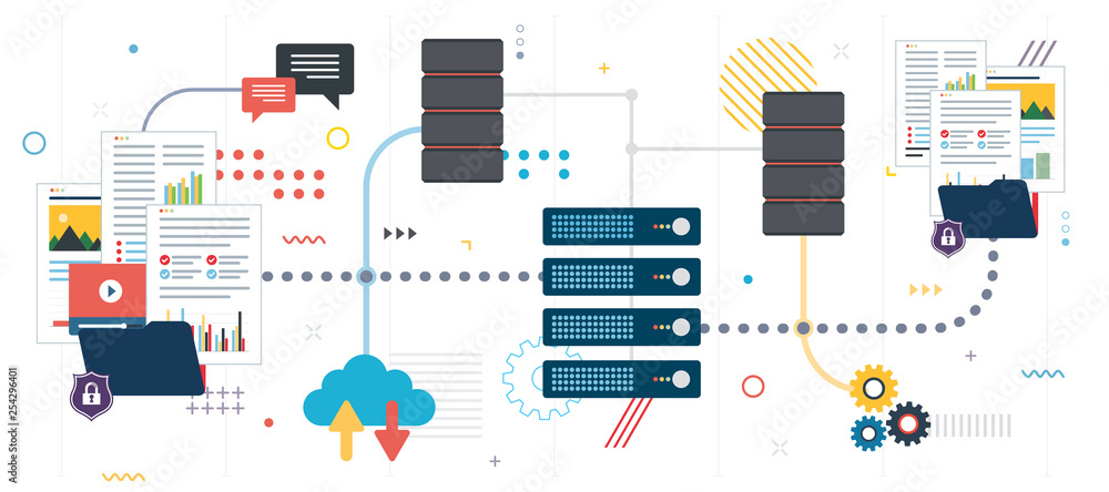 File sharing and data backup. Shared data, documents, videos and photos. Internet computer users ...