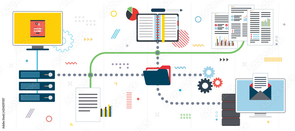 Network computers, cloud computing and data server. Computers and laptop accessing server files ...