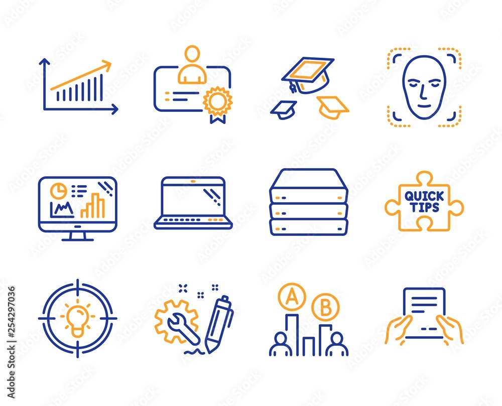 Throw hats, Engineering and Servers icons simple set. Idea, Chart and Quick tips signs. Laptop ...