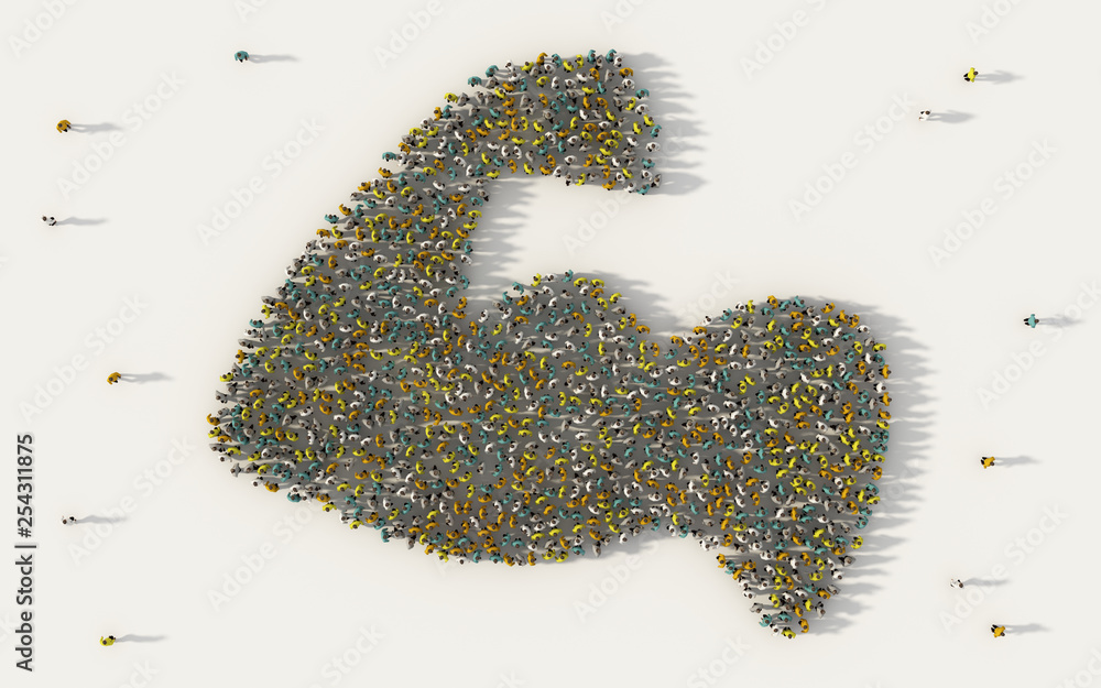 Large group of people forming muscle or biceps flex arm icon in social ...