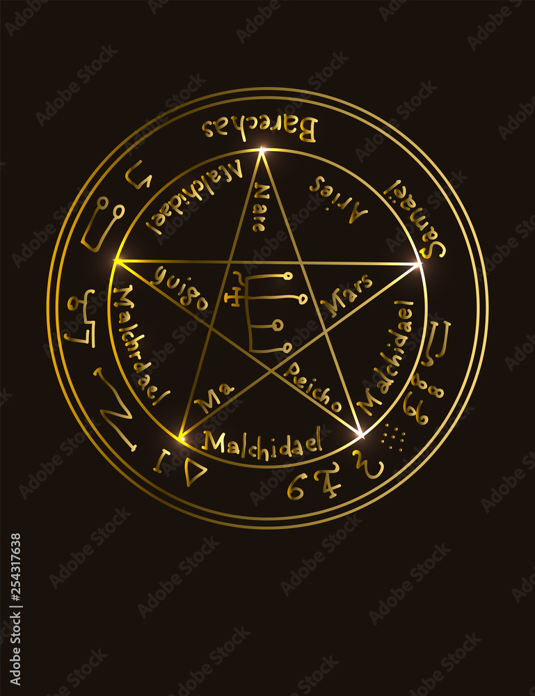 Illustration of a golden occult symbol with magical inscriptions and ...