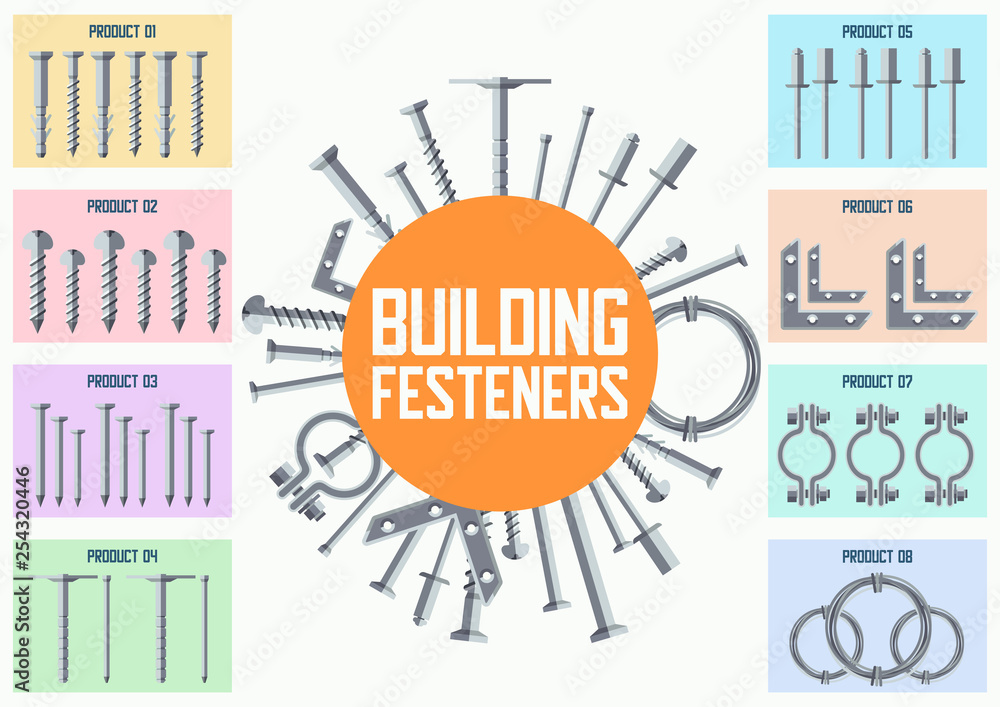 Building Metal Fasteners Flat Vector Collection Stock Vector | Adobe Stock