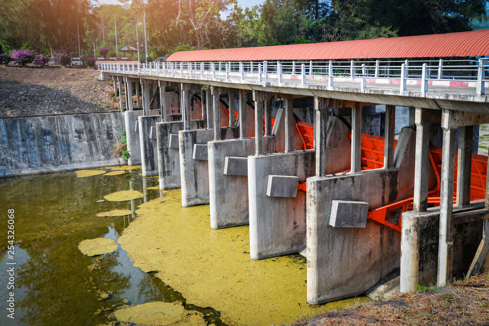 Drainage dam reservoir on hill with canal and drainage system water ...