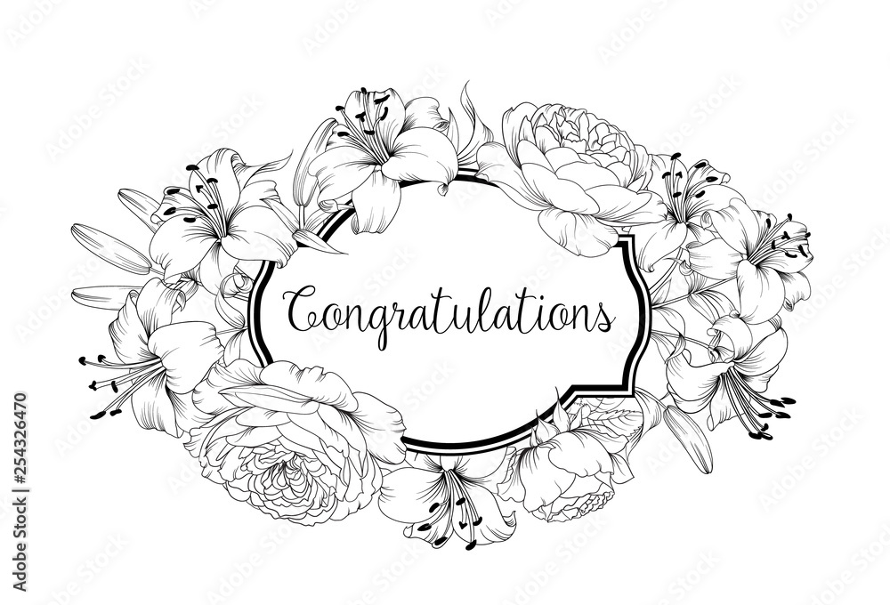 Card with blooming lily. Vintage label card. Congratulation card ...