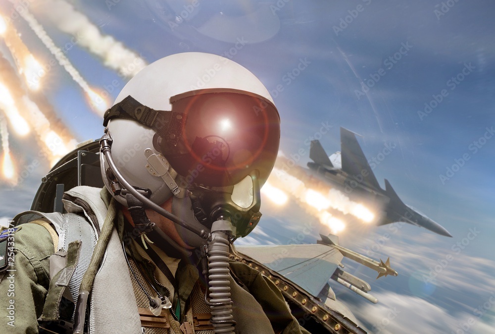 Pilot cockpit view during air to air combat with missiles flares chaff ...