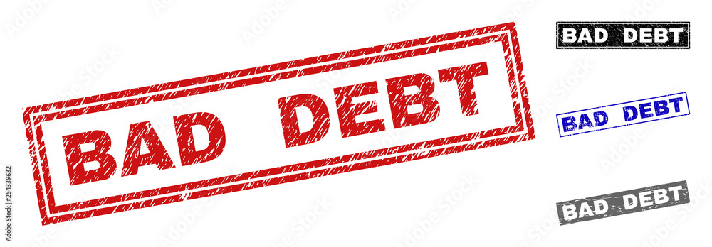 Grunge BAD DEBT rectangle stamp seals isolated on a white background ...