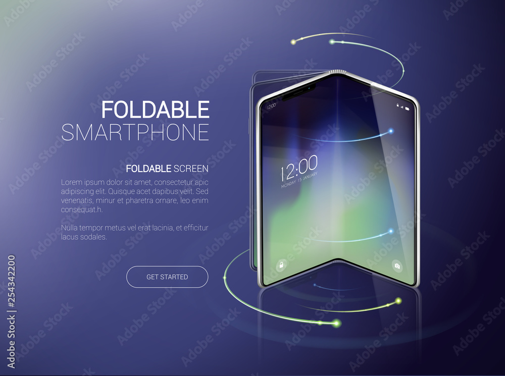 New foldable smartphone concept, prototype with advertisment background ...