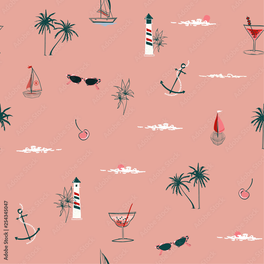 Vetor de Tropical summer elements print Wallpaper with nature beach ...