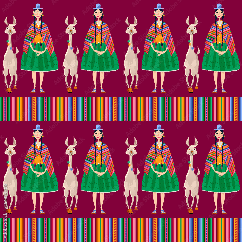 Bolivian woman in traditional clothes and Lama Alpaca. Seamless ...