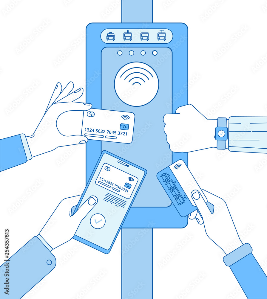 Ticket validation. Rfid subway tickets cards on smartphone hand ...