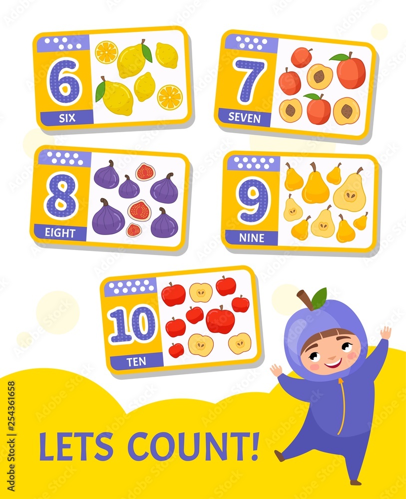 Kids learning material. Card for learning numbers. Number 6-10. Cartoon ...