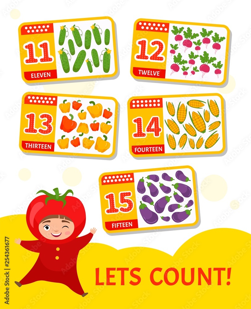 Kids learning material. Card for learning numbers. Number 11-15 ...
