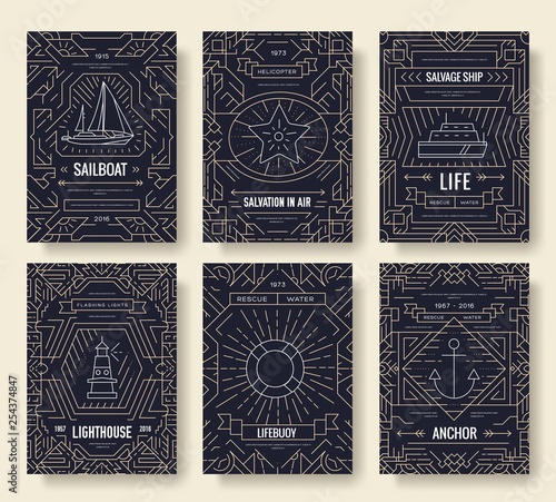 Nautical thin line brochure cards set. Sea template of flyear ...