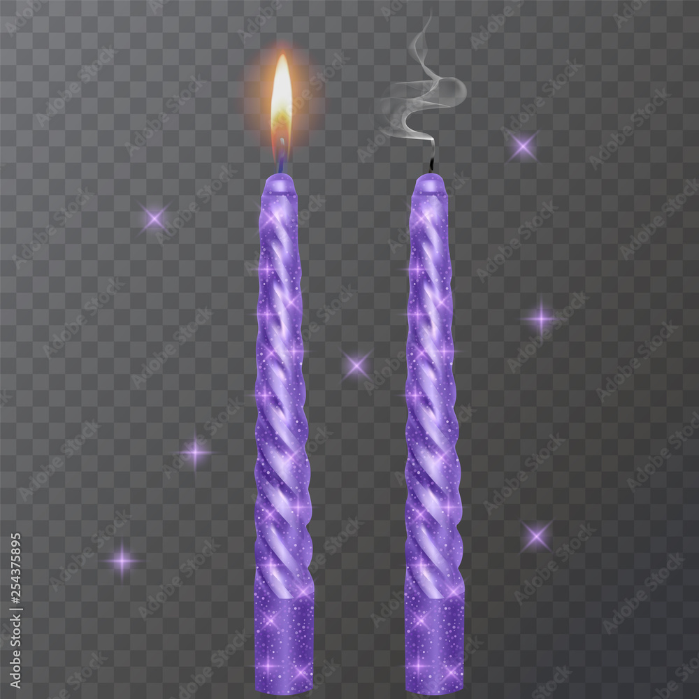 Realistic candle, Burning purple candle and an extinct candle with ...
