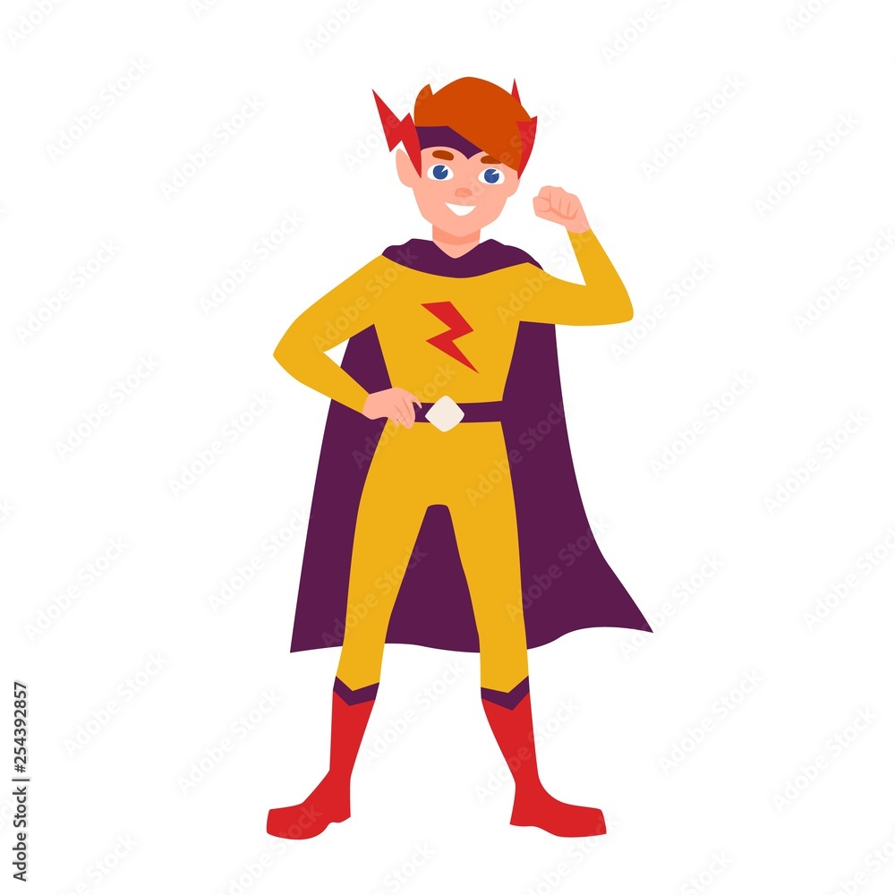 Teenage superhero, superboy or superkid standing in heroic pose. Young ...