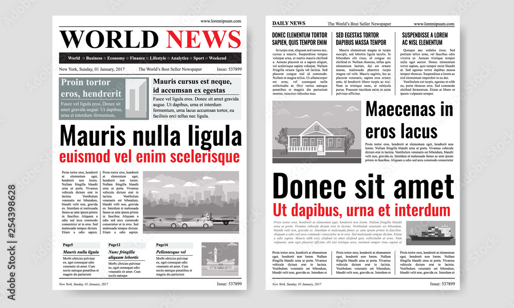 Newspaper template design with images. Mock up of two pages. Vector ...