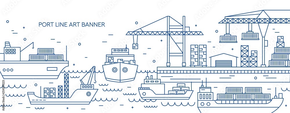 Horizontal banner with sea port, marine cargo terminal, freight vessels ...