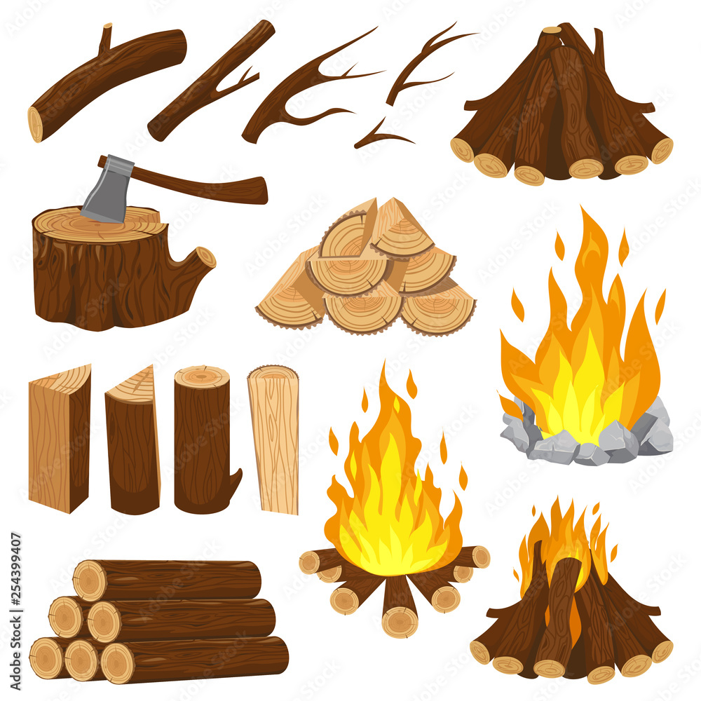 Firewood boards. Fireplace fire wood, burning wooden stack and blazing ...