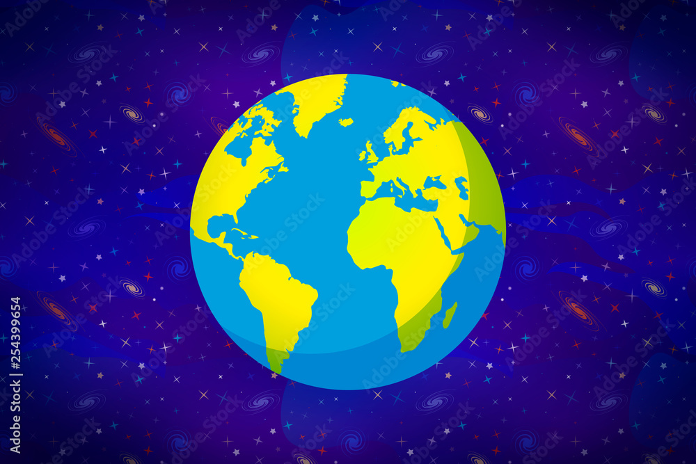 Cartoon Earth planet on wide deep space background with lots of ...