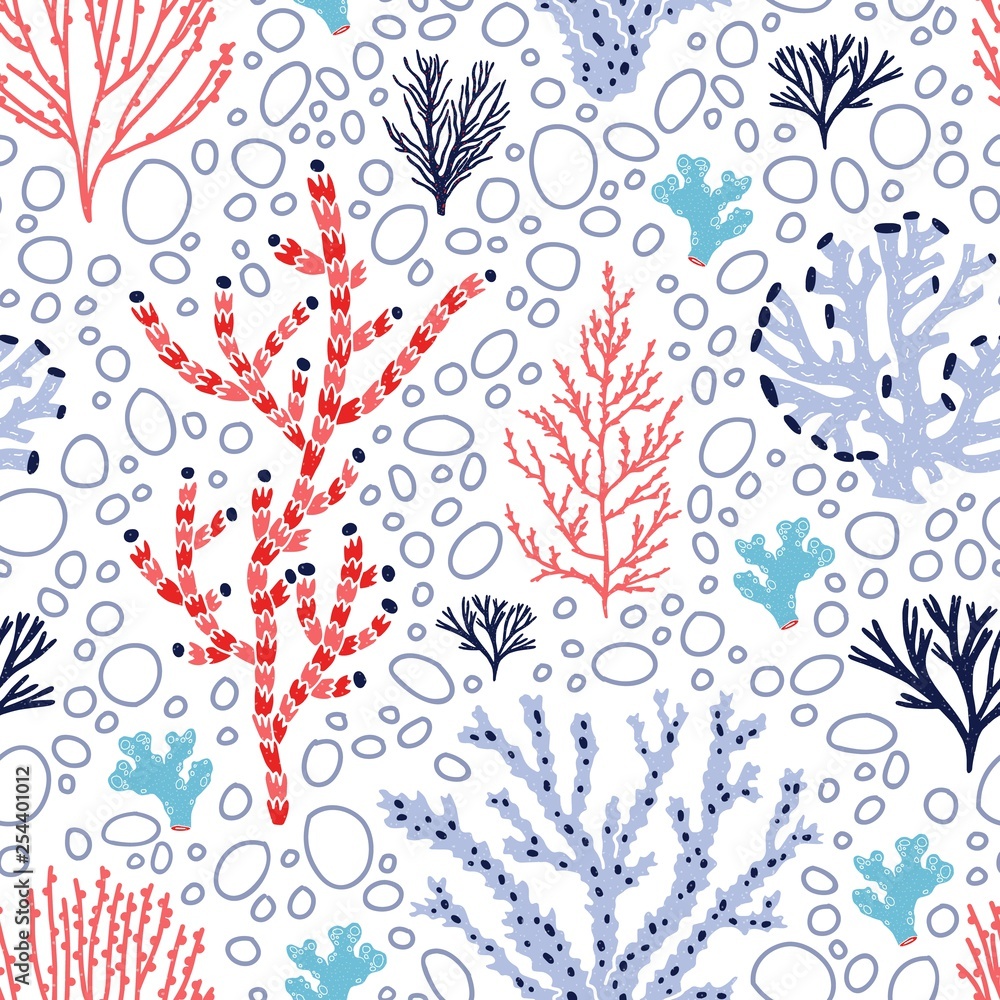 Seamless pattern with red and blue corals and seaweed on white ...