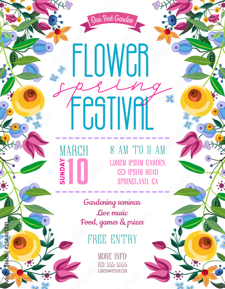 Flower spring festival announcing poster template. Garden party layout ...