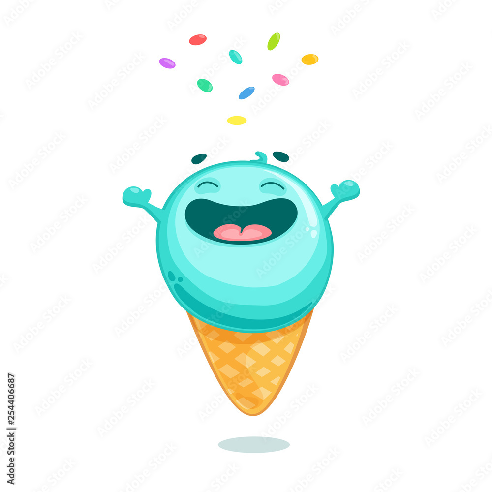 Cartoon ice cream ball character in waffle cone. Cute vector ...
