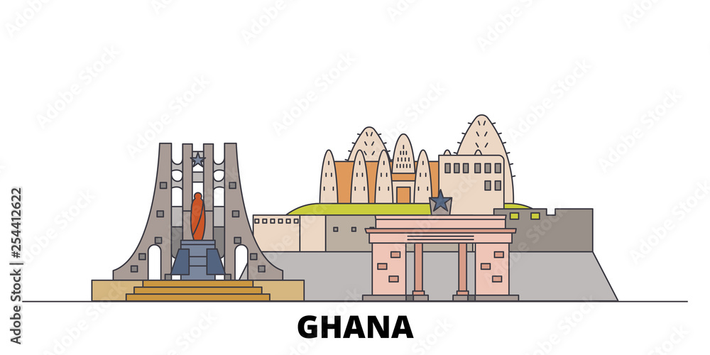 Ghana flat landmarks vector illustration. Ghana line city with famous ...