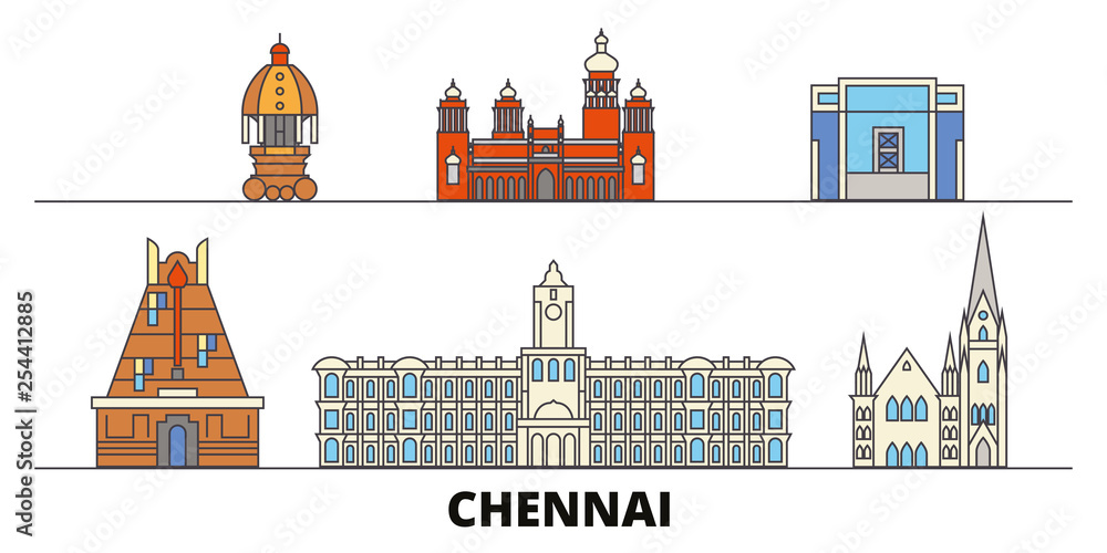 India, Chennai flat landmarks vector illustration. India, Chennai line ...