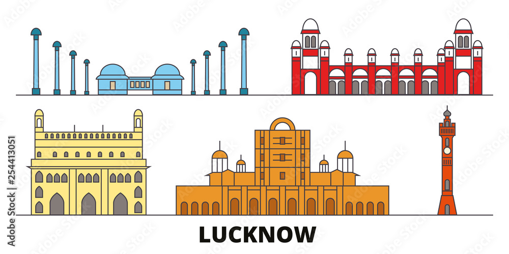 India, Lucknow flat landmarks vector illustration. India, Lucknow line ...