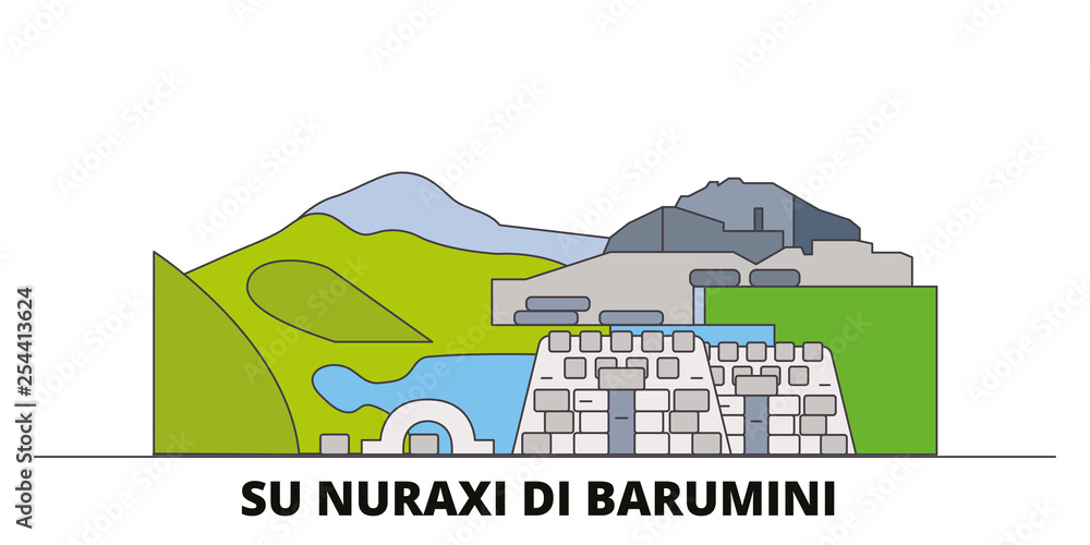 Italy, Barumini, Su Nuraxi Di Barumini flat landmarks vector ...