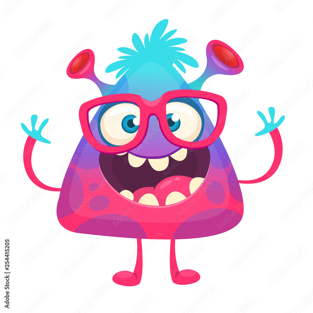 Happy pink cartoon alien wearing eyeglasses. Halloween vector ...