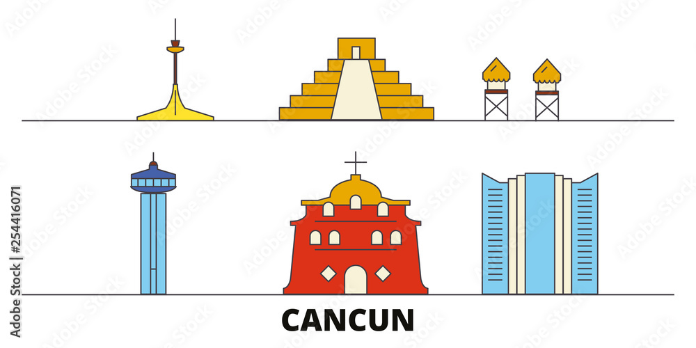 Mexico, Cancun flat landmarks vector illustration. Mexico, Cancun line ...