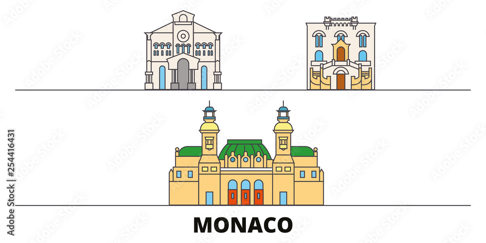 Monaco flat landmarks vector illustration. Monaco line city with famous ...