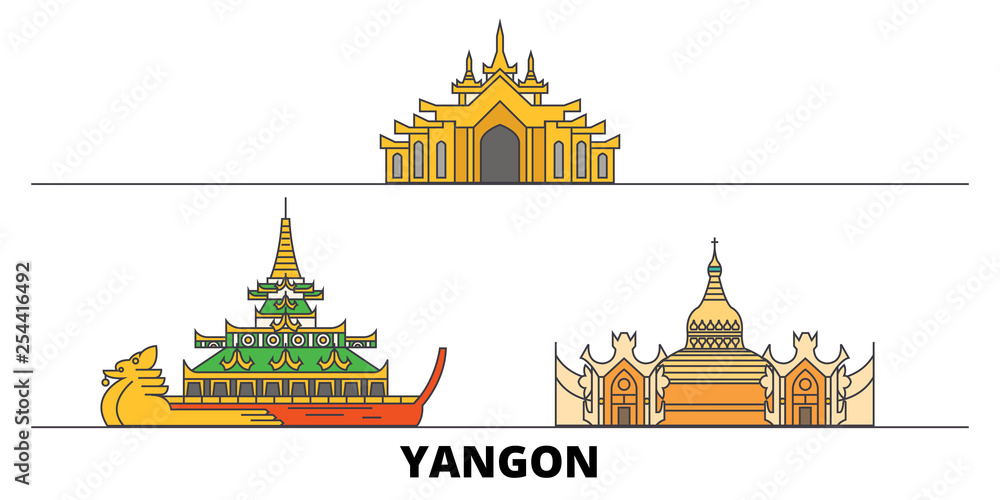 Myanmar, Yangon flat landmarks vector illustration. Myanmar, Yangon ...