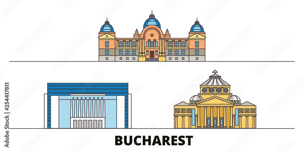 Romania, Bucharest flat landmarks vector illustration. Romania ...