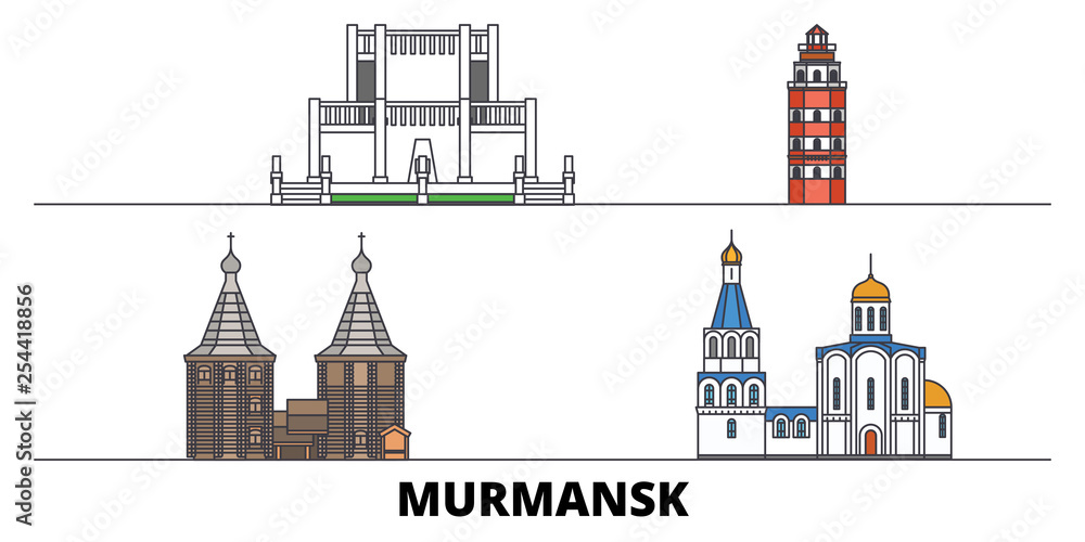 Russia, Murmansk flat landmarks vector illustration. Russia, Murmansk ...