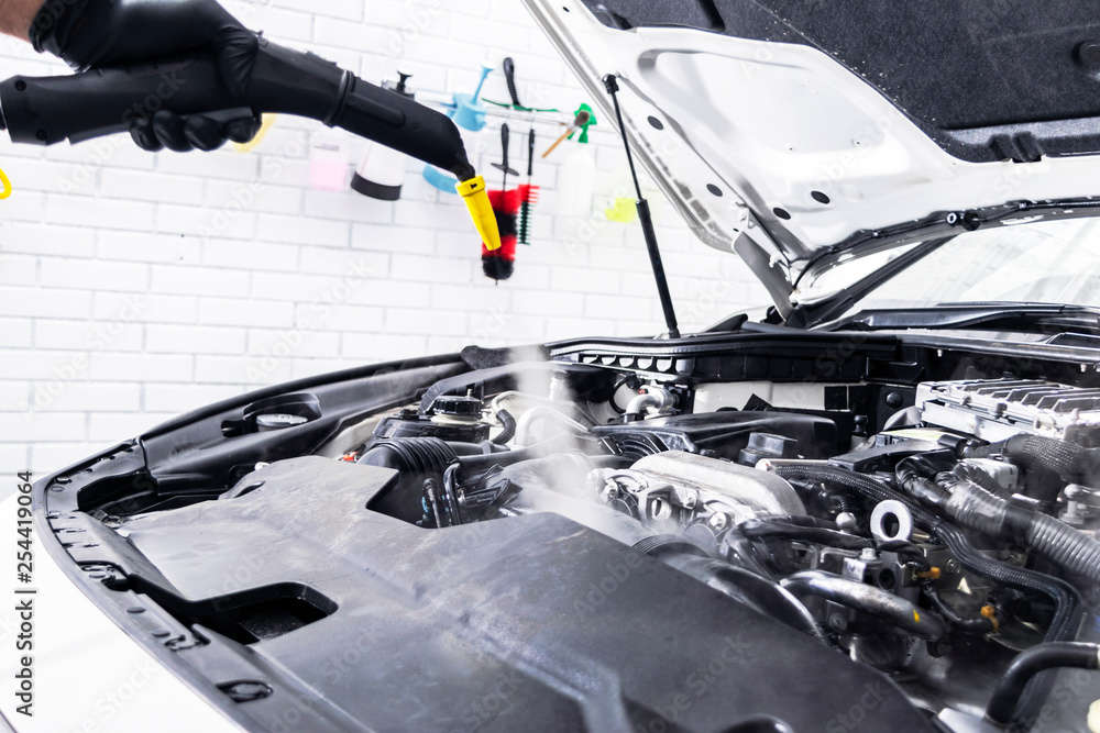 Car detailing. Car washing cleaning engine. Cleaning car using hot ...