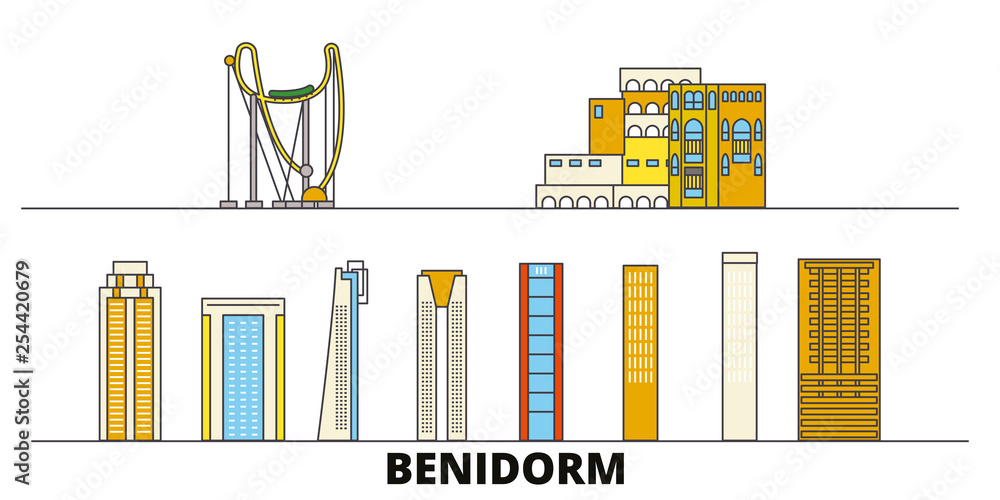 Spain, Benidorm flat landmarks vector illustration. Spain, Benidorm ...