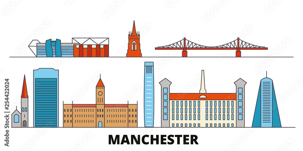 United Kingdom, Manchester flat landmarks vector illustration. United ...