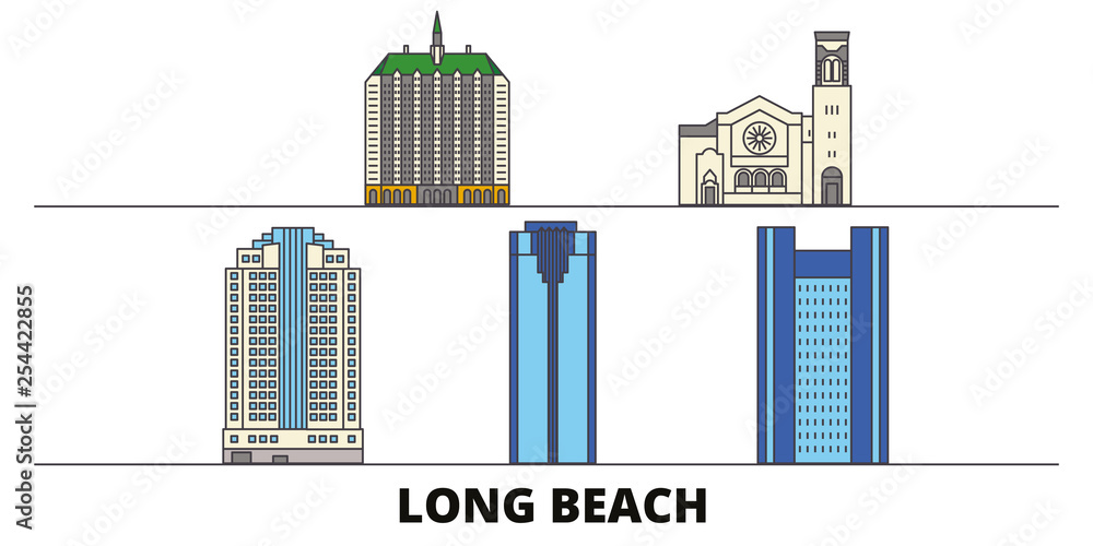United States, Long Beach flat landmarks vector illustration. United ...