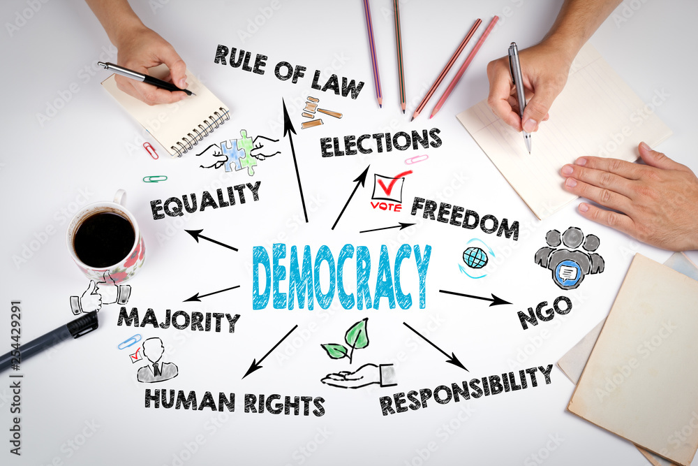 Democracy Concept. Chart with keywords and icons. The meeting at the ...