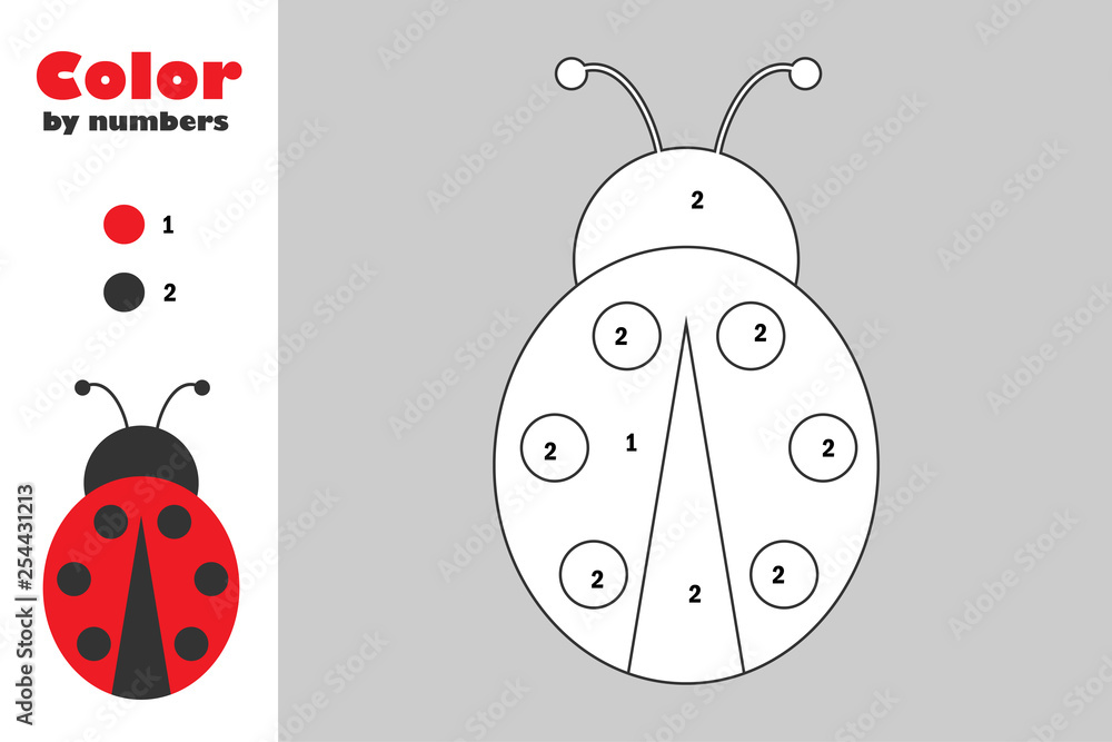 Ladybug in cartoon style, color by number, education paper game for the ...