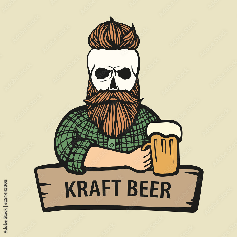 Hand-drawn skull hipster dude with mustache, beard with beer. Man with ...