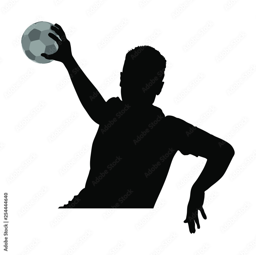 Handball player in action, attack shut in jumping vector silhouette ...