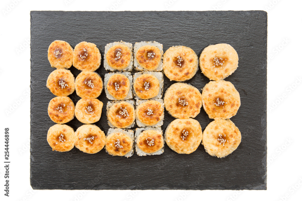 Hot fried Sushi Roll with smoked eel, shrimp, cheese and avocado on ...