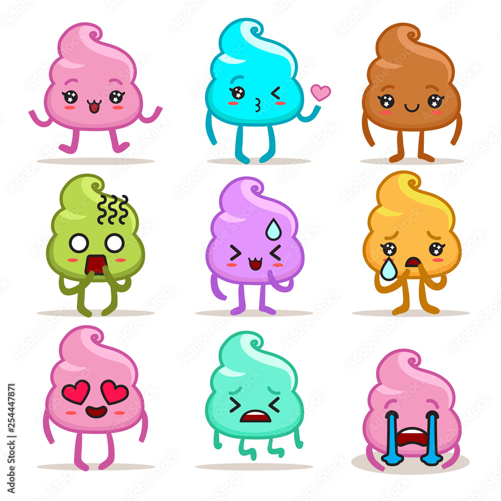 kawaii poo emoji stickers colorful set. Cute poop character. Vector ...