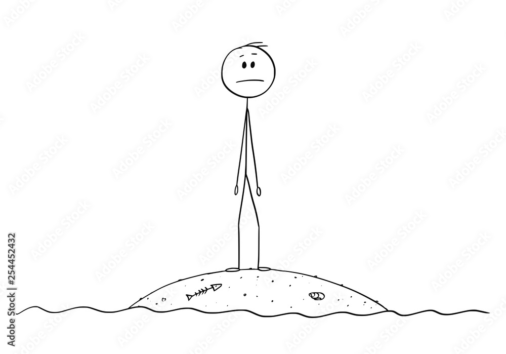 Cartoon stick figure drawing conceptual illustration of castaway man or ...